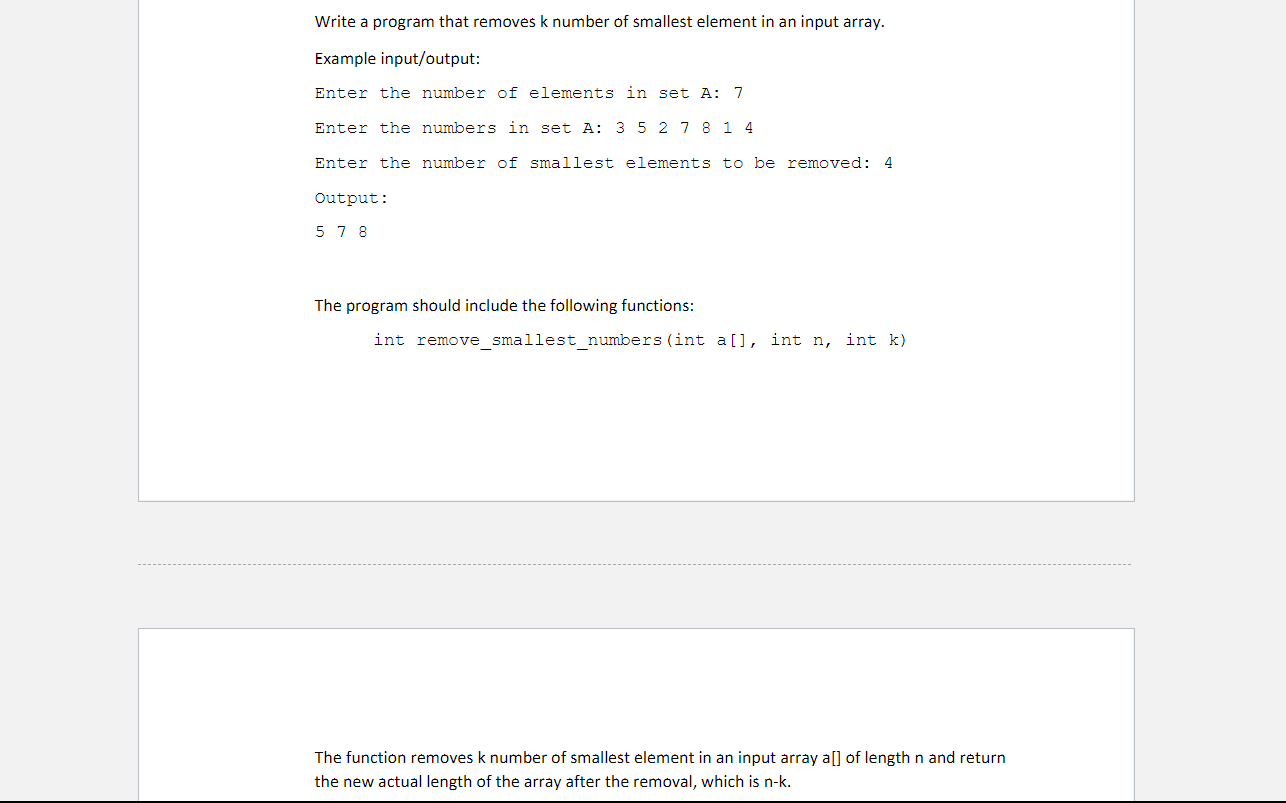 Solved Write a program that removes k number of smallest | Chegg.com