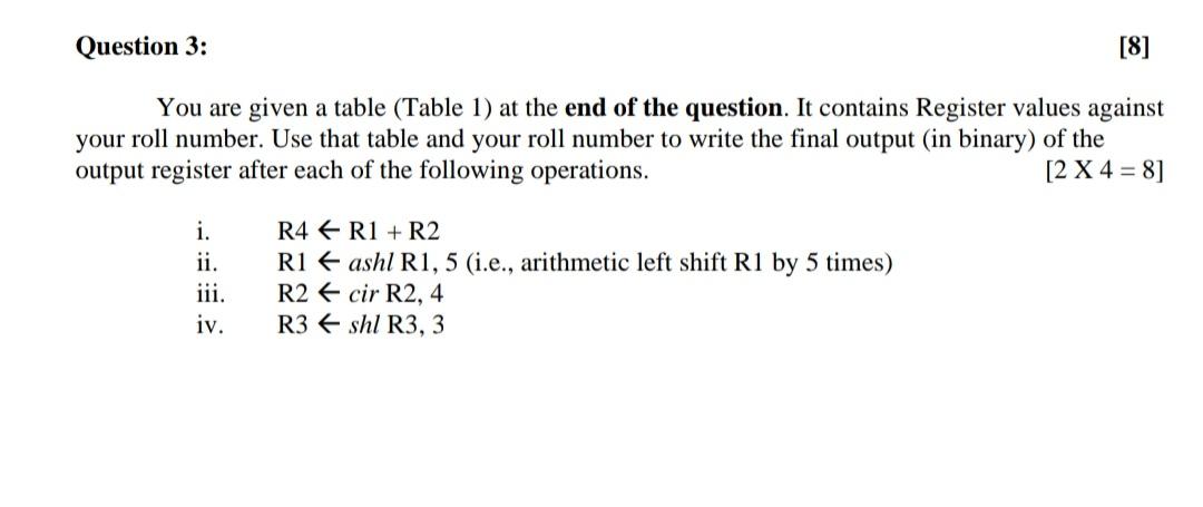 Solved Question 3: [8] You are given a table (Table 1) at | Chegg.com