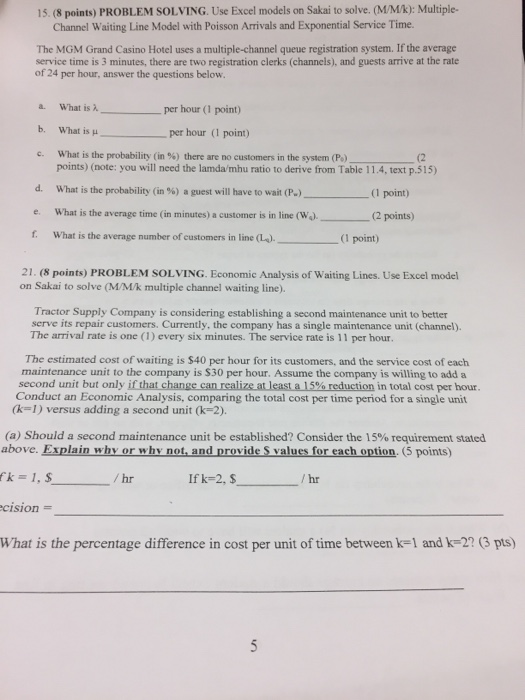 Solved 15. (8 points) PROBLEM SOLVING. Use Excel models on | Chegg.com