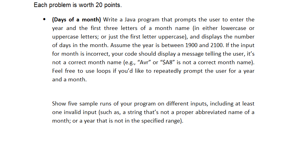 Solved Each problem is worth 20 points. (Days of a month) | Chegg.com
