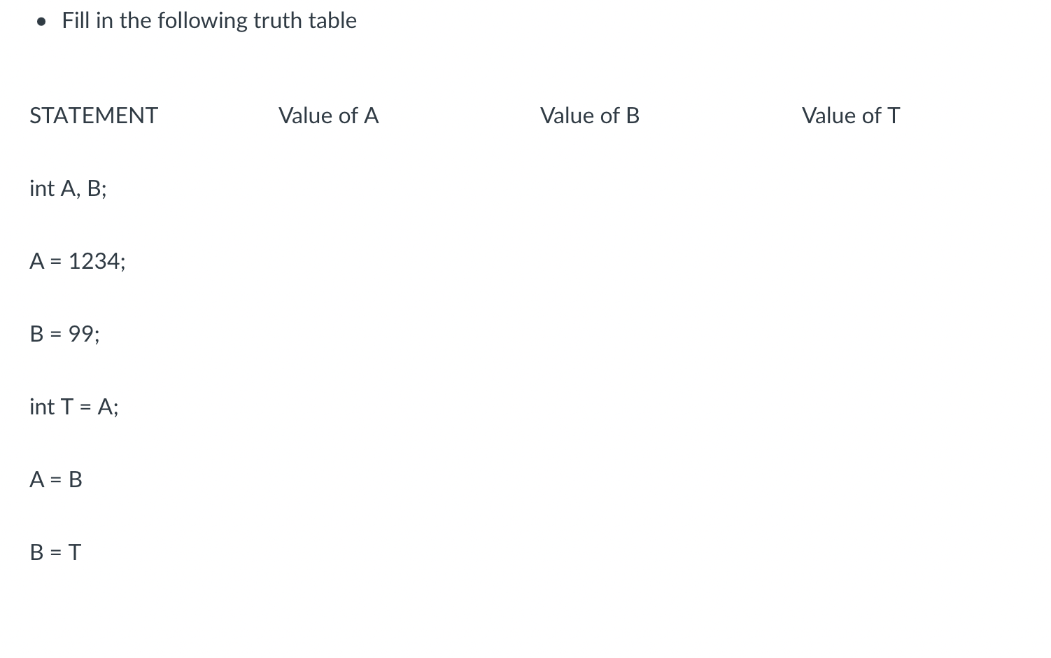 Solved - Fill in the following truth table STATEMENT Value | Chegg.com