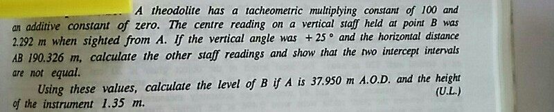 Solved A theodolite has a tacheometric multiplying constant | Chegg.com