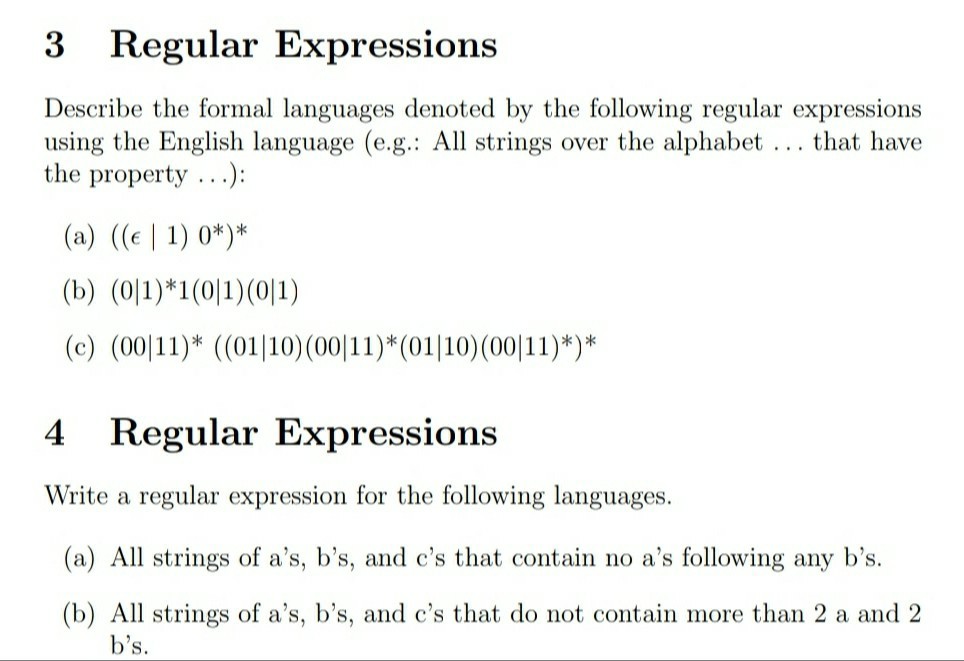 Solved 3 Regular Expressions Describe the formal languages | Chegg.com