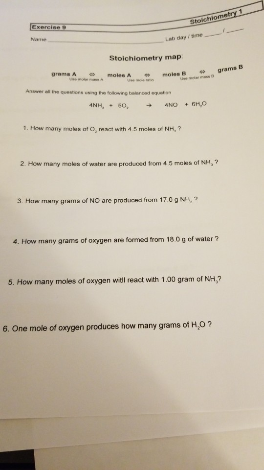 Solved Stoichiometry 1 Exercise 9 Name Lab day / time | Chegg.com