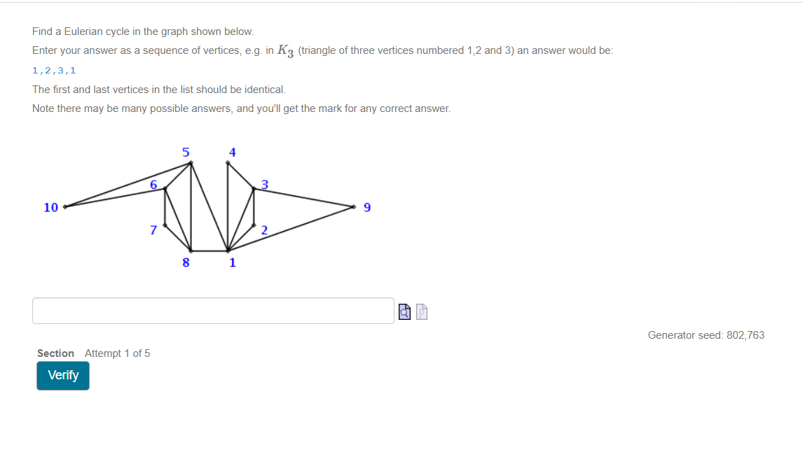 Solved Find A Eulerian Cycle In The Graph Shown Below Enter