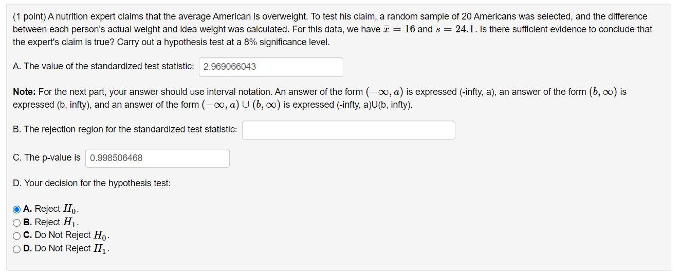 Solved (1 point) A nutrition expert claims that the average | Chegg.com