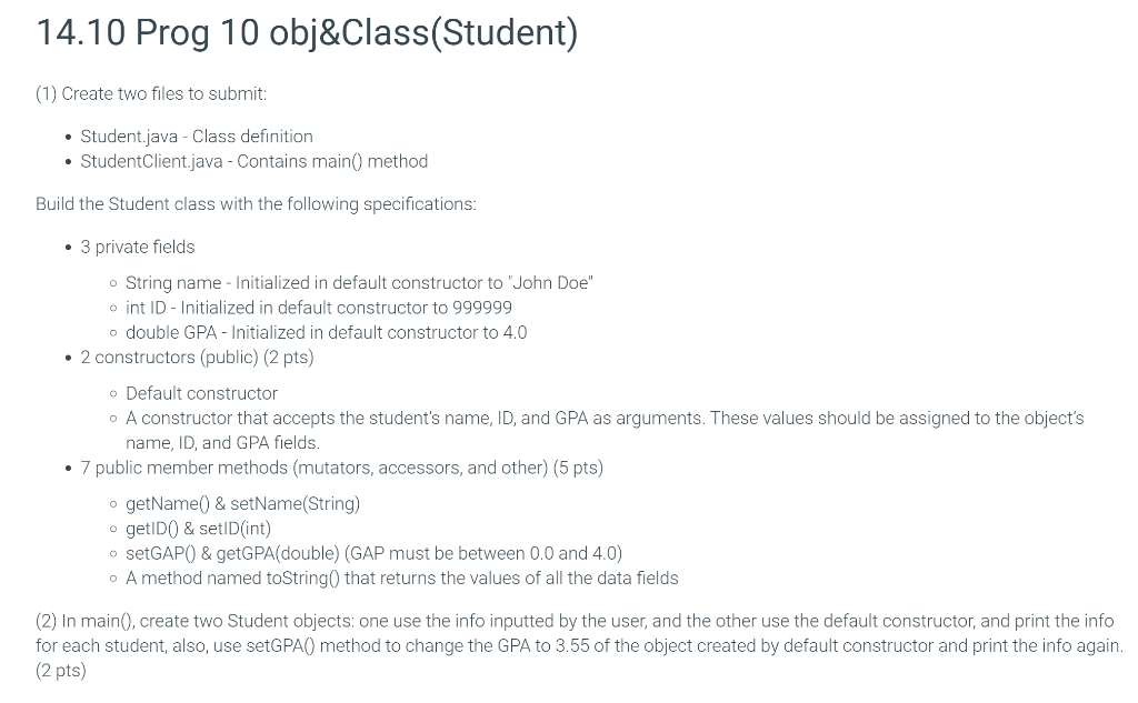Solved 14.10 Prog 10 obj&Class(Student) (1) Create two files | Chegg.com