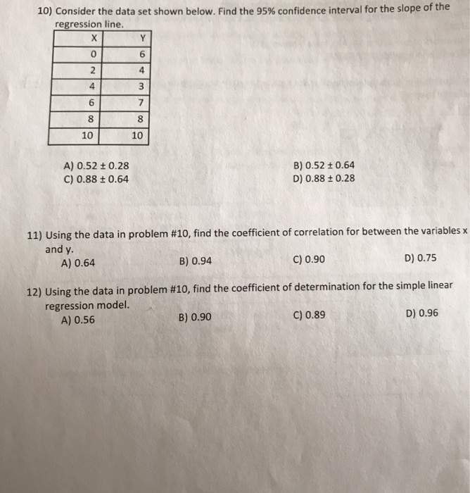 Solved 10) Consider the data set shown below. Find the 95% | Chegg.com