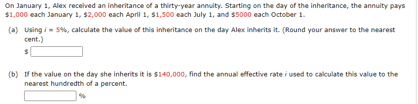 Solved On January 1 , Alex received an inheritance of a | Chegg.com