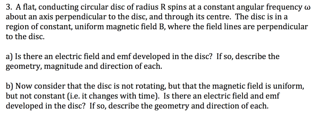 Solved 3. A flat, conducting circular disc of radius R spins | Chegg.com