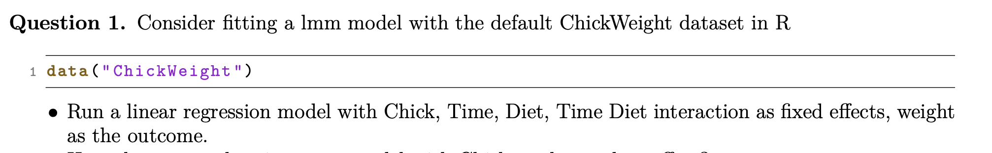 Question 1. Consider fitting a lmm model with the | Chegg.com