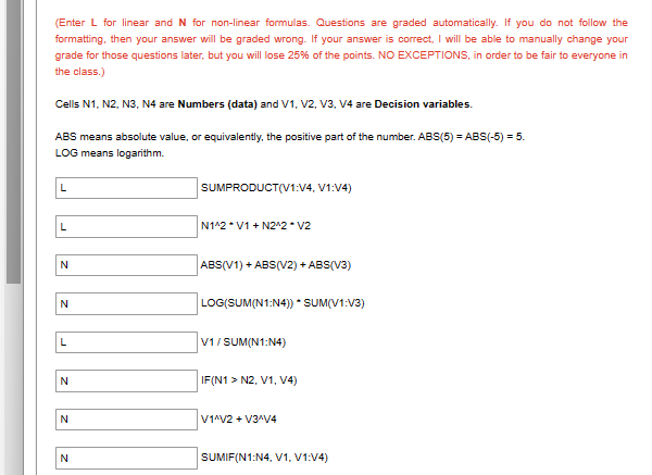 (Enter L for linear and N for non-linear formulas. | Chegg.com