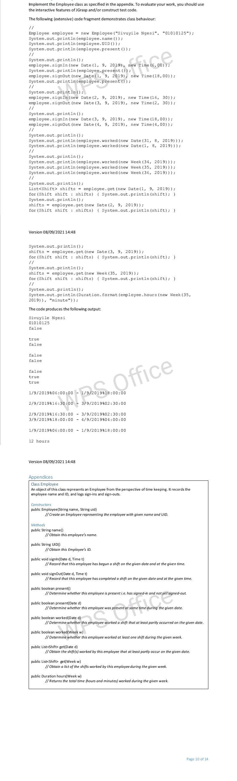 Implement the Employee class as specified in the | Chegg.com