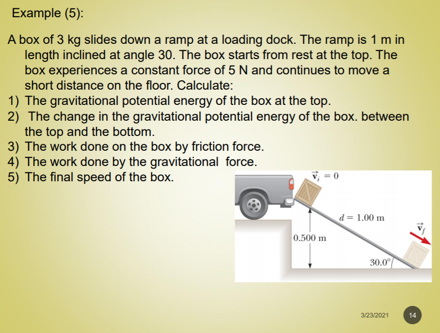 Solved Example (5): A box of 3 kg slides down a ramp at a | Chegg.com