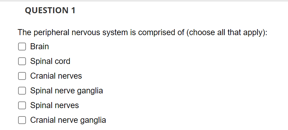 Solved QUESTION 1 The peripheral nervous system is comprised | Chegg.com