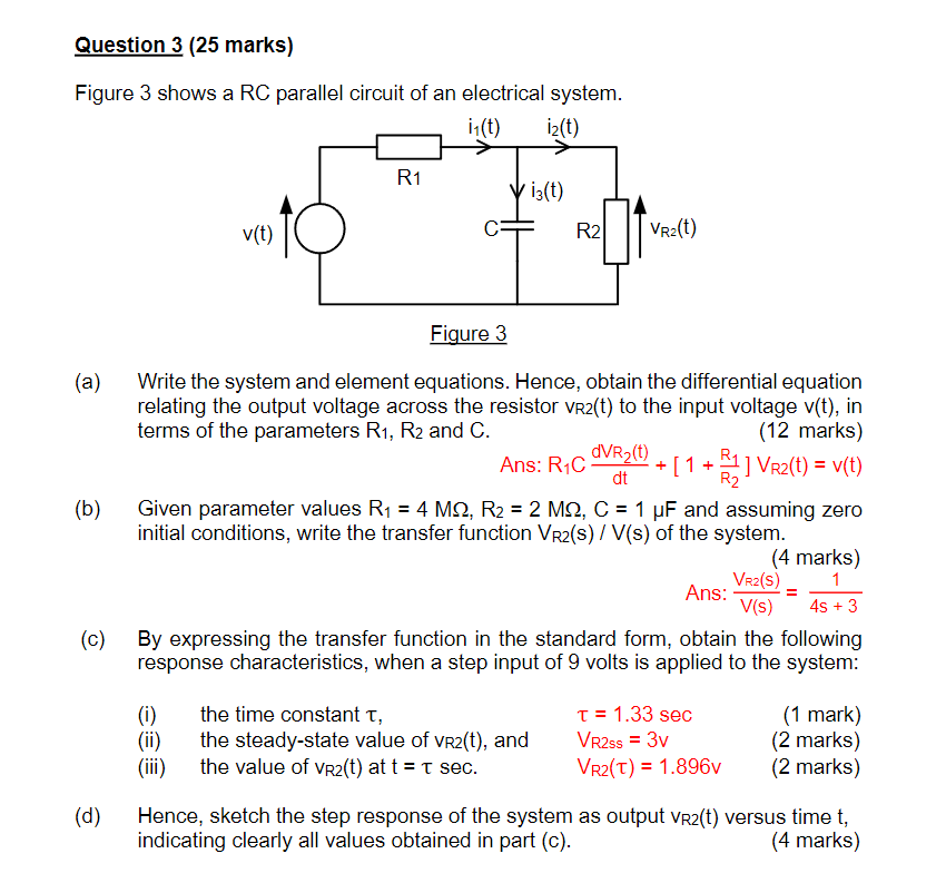 Solved Question 3 (25 marks) Figure 3 shows a RC parallel | Chegg.com