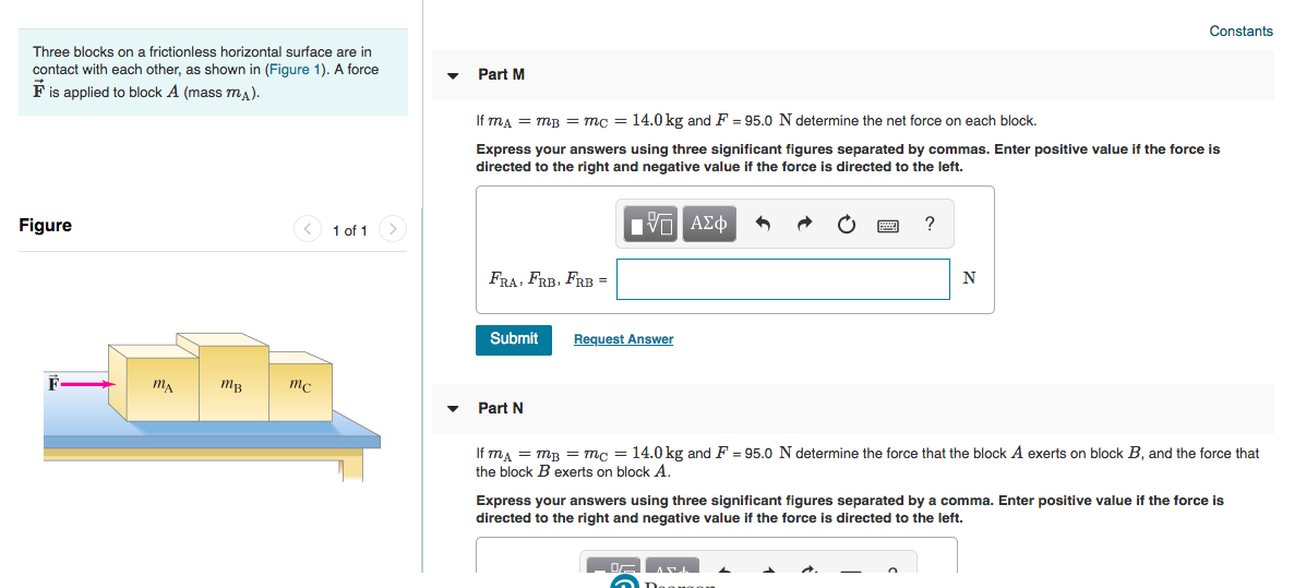 Solved Constants Three blocks on a frictionless horizontal | Chegg.com