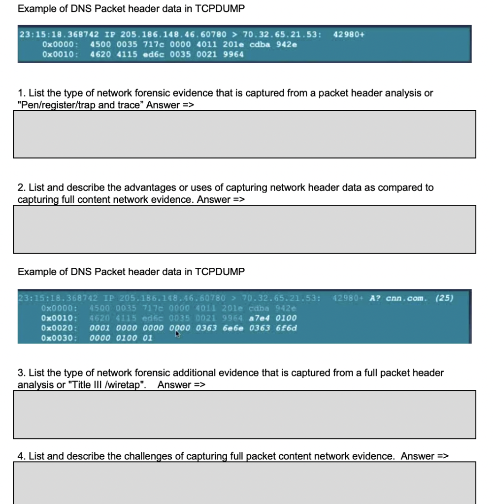 Example of DNS Packet header data in TCPDUMP 42980+ | Chegg.com