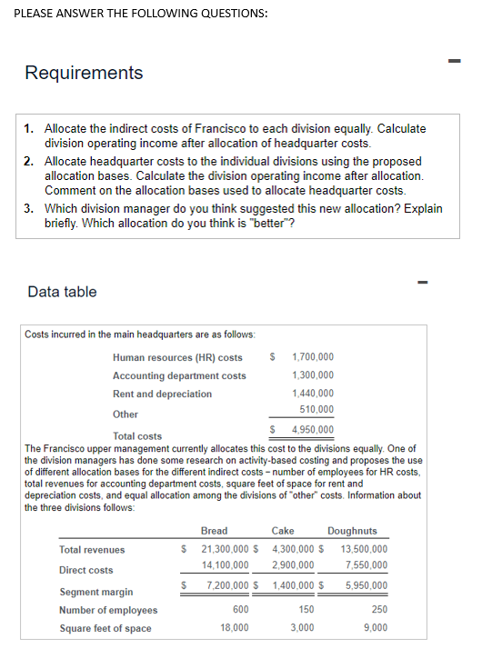 Solved 1. Allocate the indirect costs of Francisco to each | Chegg.com