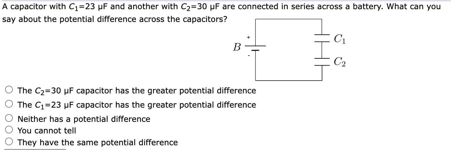 Solved A capacitor with C1=23μF and another with C2=30μF are | Chegg.com