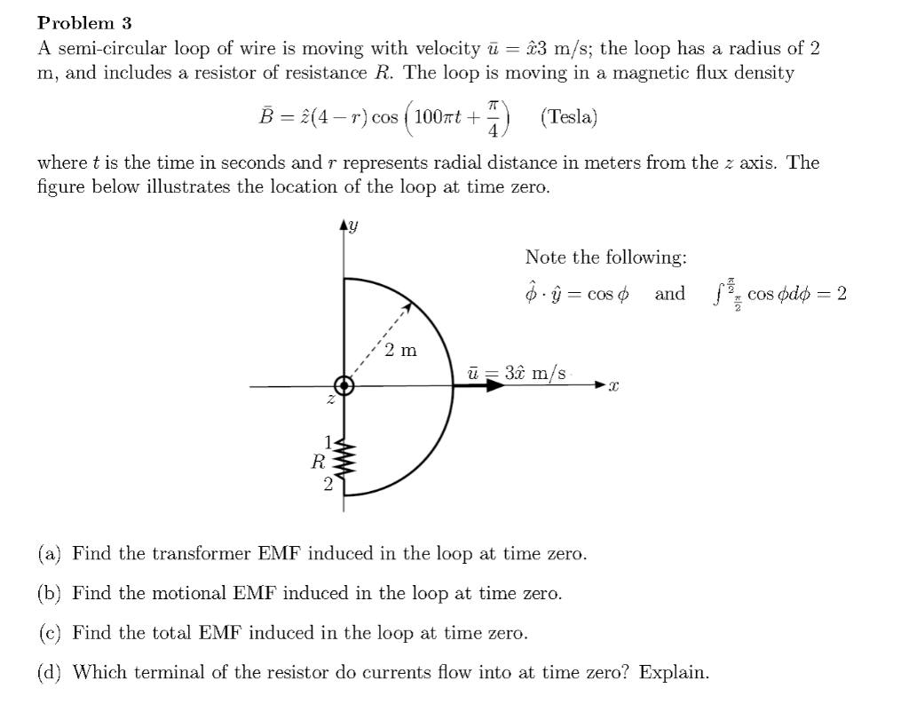 Solved Problem 3 A semi-circular loop of wire is moving with | Chegg.com
