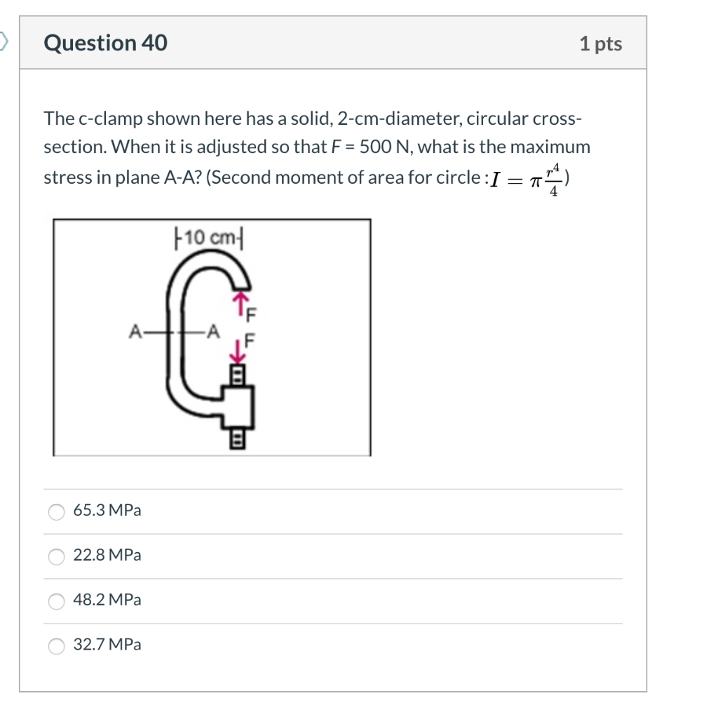 Solved Question 40 1 pts The c-clamp shown here has a solid, | Chegg.com