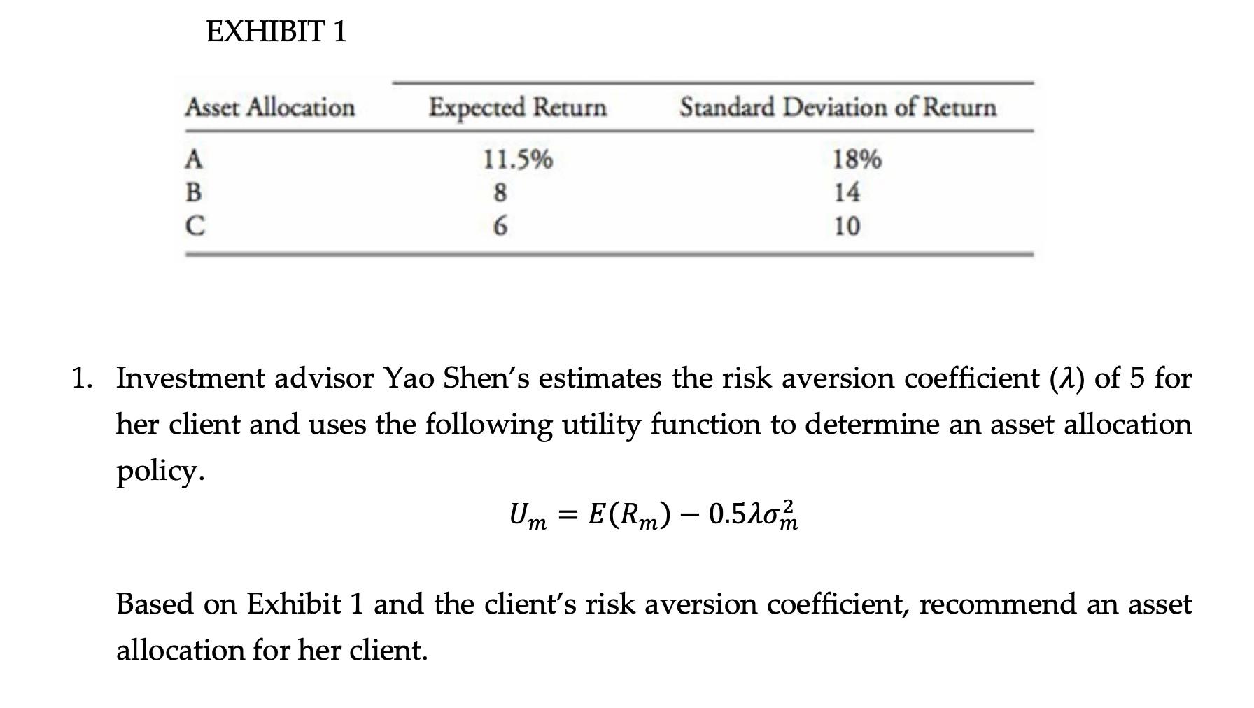 Solved EXHIBIT 1 Asset Allocation Expected Return Standard | Chegg.com