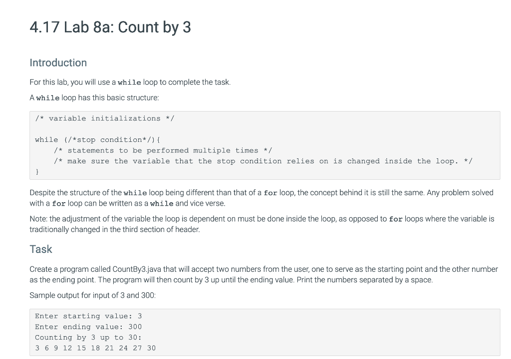 Solved 4.17 Lab 8a: Count by 3 Introduction For this lab, | Chegg.com