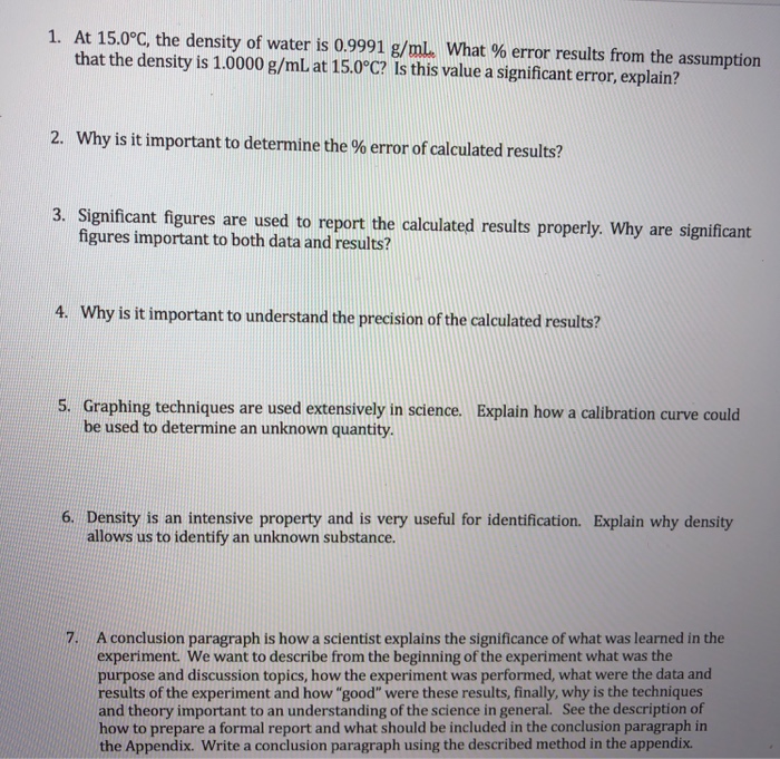 Solved 1. At 15.0°C, the density of water is 0.9991 g/mL | Chegg.com
