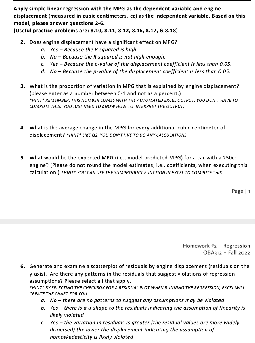 Apply simple linear regression with the MPG as the | Chegg.com