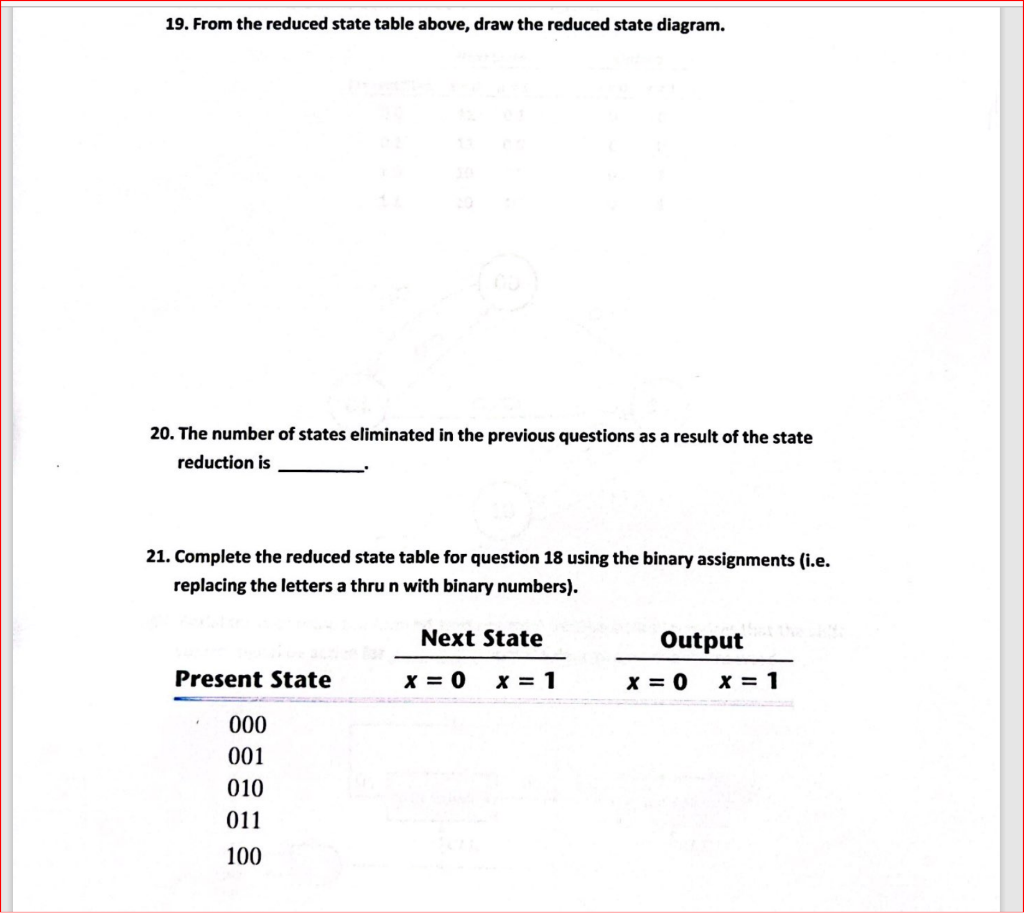 Solved 19. From the reduced state table above, draw the | Chegg.com