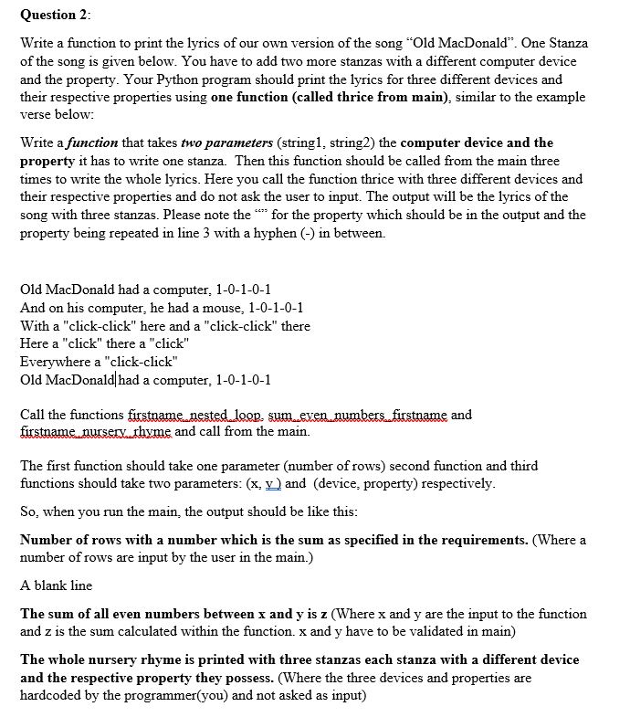 Solved Question 2: Write a function to print the lyrics of | Chegg.com