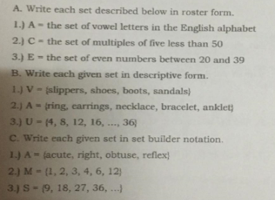 Solved A. Write each set described below in roster form. 1.) | Chegg.com