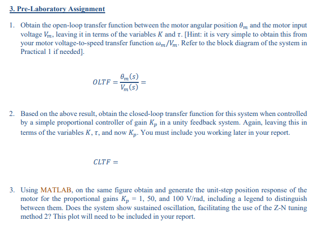 3. Pre-Laboratory Assignment 1. Obtain the open-loop | Chegg.com