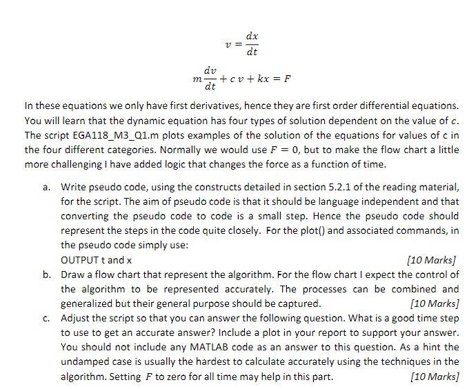Solved dx 19 = dt dv m+cv + kx = F dt In these equations we | Chegg.com