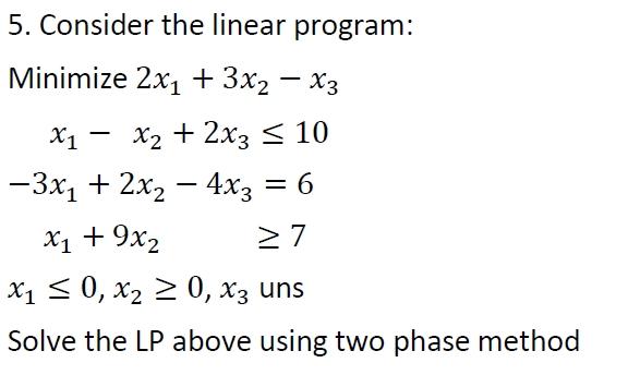 Solved 5. Consider the linear program: Minimize 2x1 + 3x2 — | Chegg.com