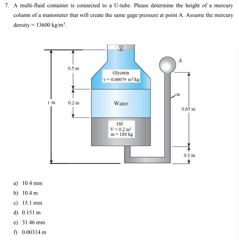 Solved 7. A multi-fluid container is connected to a U-tube. | Chegg.com