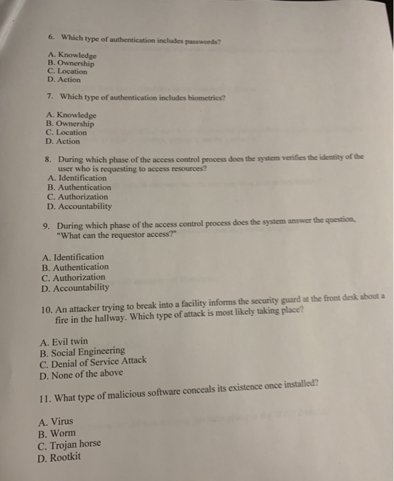 Solved 6. Which type of authentication includes passwords? | Chegg.com