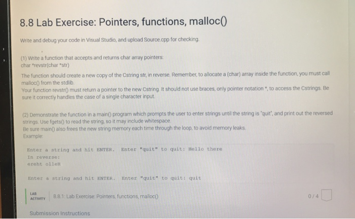 Solved 8.8 Lab Exercise: Pointers, functions, malloc Write | Chegg.com