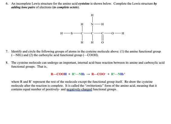 Solved 6. An incomplete Lewis structure for the amino acid | Chegg.com