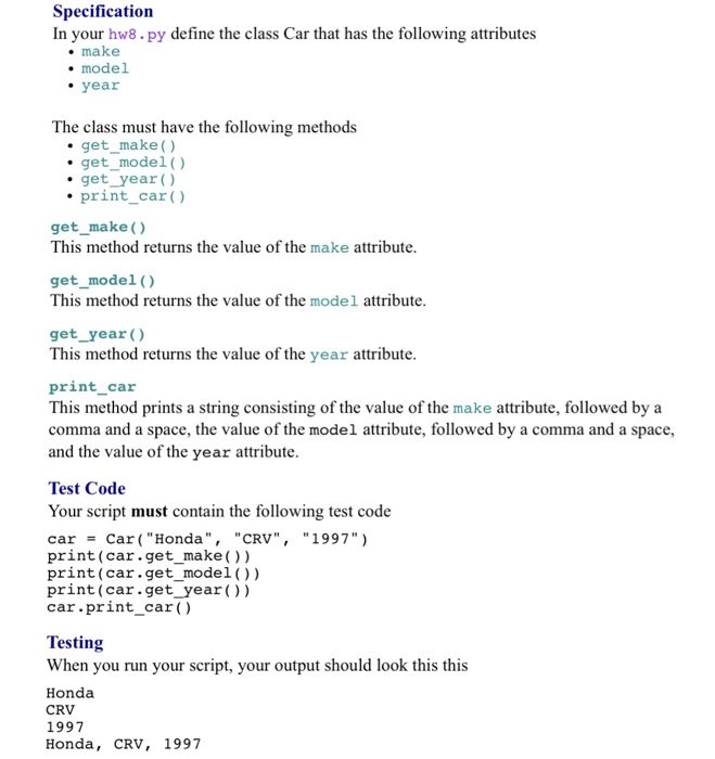 Solved Specification In your hws.py define the class Car | Chegg.com