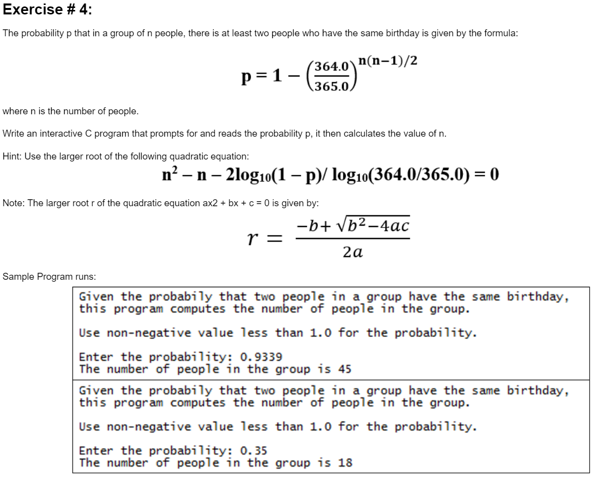 Solved Exercise # 4: The probability p that in a group of n | Chegg.com