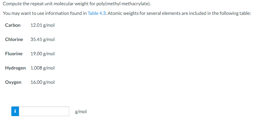 Solved Compute the repeat unit molecular weight for | Chegg.com