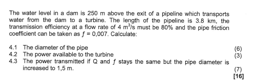 Solved The water level in a dam is 250 m above the exit of a | Chegg.com