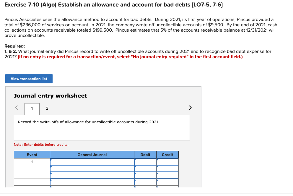 Solved Exercise 7-10 (Algo) Establish an allowance and | Chegg.com