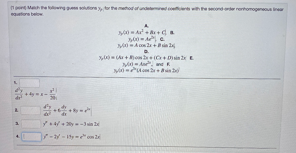 Solved (1 point) Match the following guess solutions yp for | Chegg.com