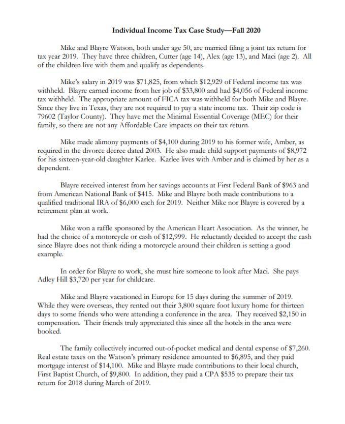 Individual Income Tax Case Study-Fall 2020 Mike and | Chegg.com
