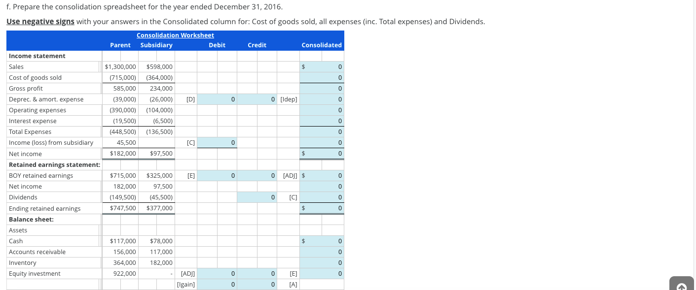 Solved Prepare consolidation spreadsheet for intercompany | Chegg.com