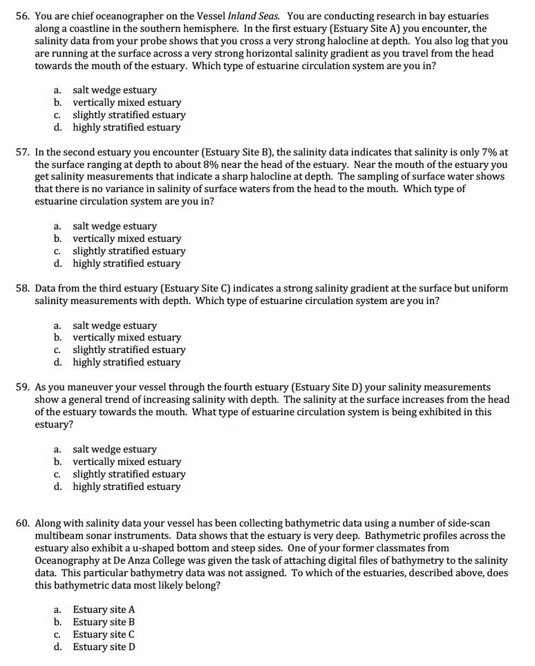 Solved 56. You are chief oceanographer on the Vessel Inland | Chegg.com