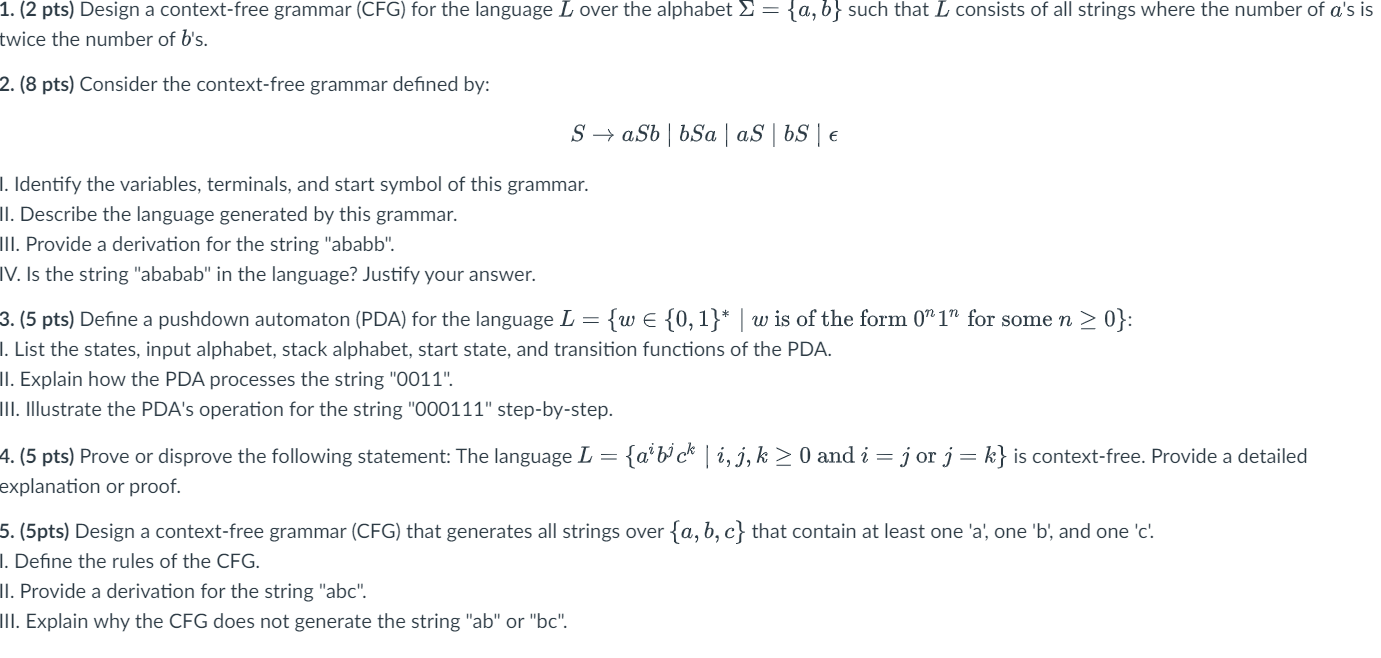 Solved (2 ﻿pts) ﻿Design a context-free grammar (CFG) ﻿for | Chegg.com